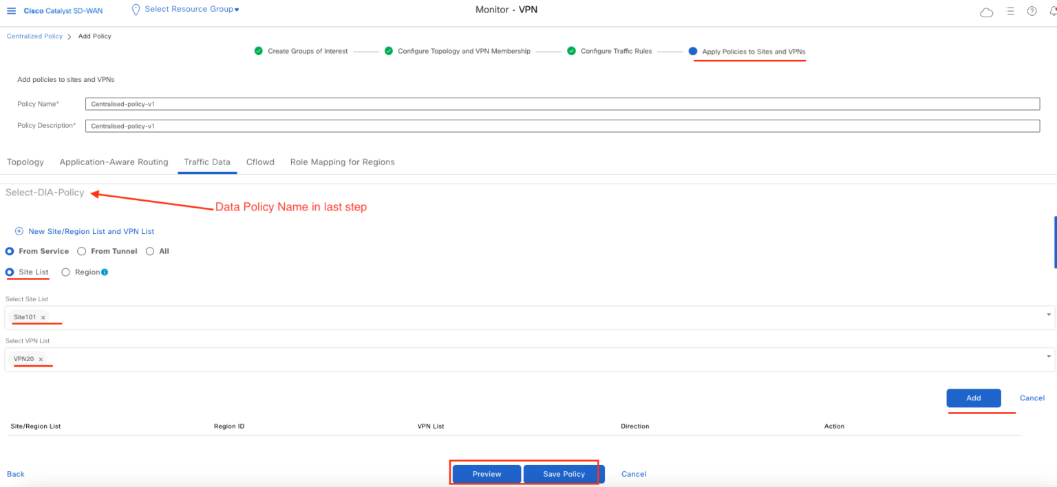 Cisco SD-WAN: NAT DIA – Centralized Data Policy Method