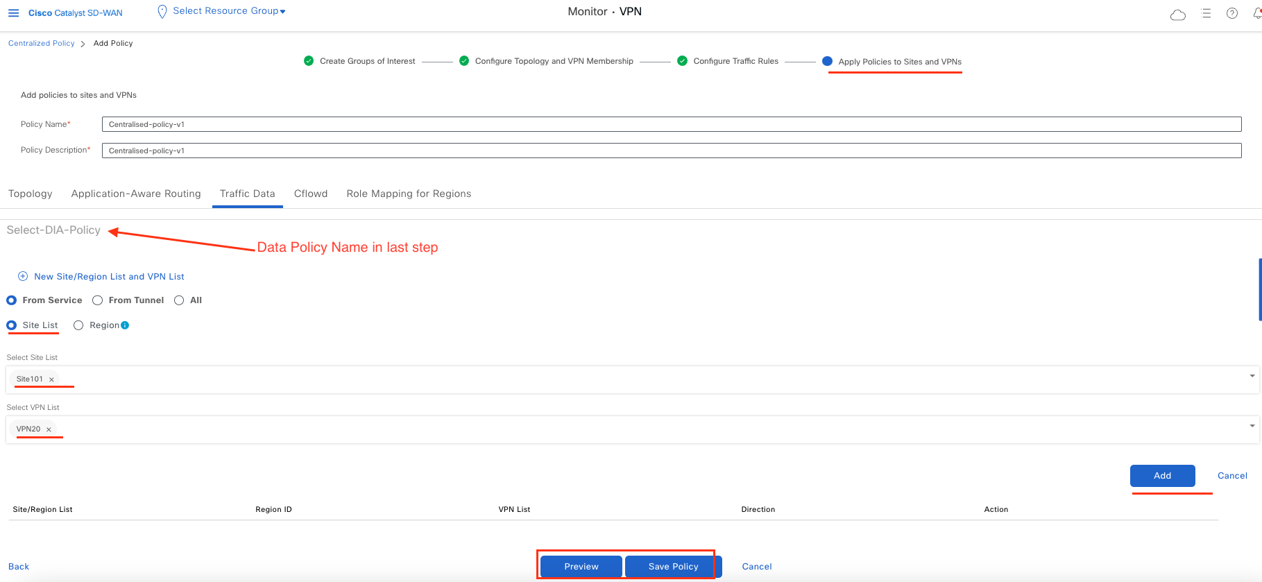 Cisco SD-WAN: NAT DIA – Centralized Data Policy Method